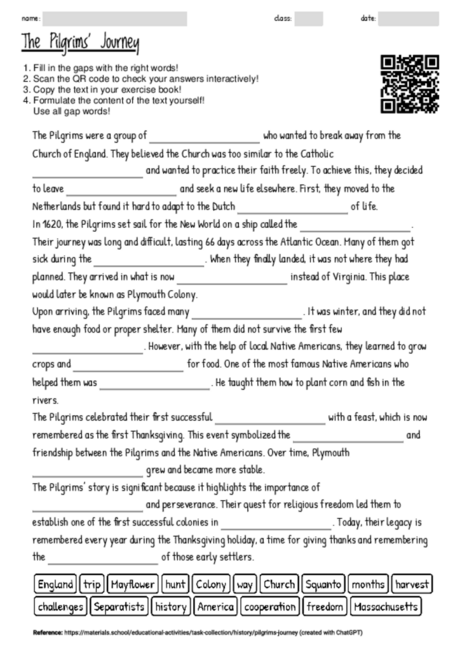 Worksheet with the topic "The Pilgrims' Journey" | MATERIALS.SCHOOL