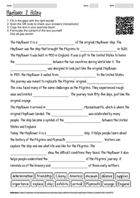 Worksheet with the topic "Mayflower II History" | MATERIALS.SCHOOL
