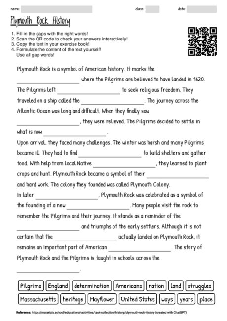 Worksheet with the topic "Plymouth Rock History" | MATERIALS.SCHOOL