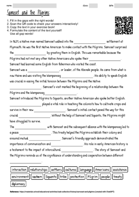 Worksheet with the topic "Samoset and the Pilgrims" | MATERIALS.SCHOOL