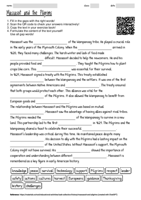 Worksheet with the topic "Massasoit and the Pilgrims" | MATERIALS.SCHOOL