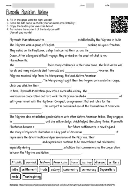 Worksheet with the topic "Plymouth Plantation History" | MATERIALS.SCHOOL