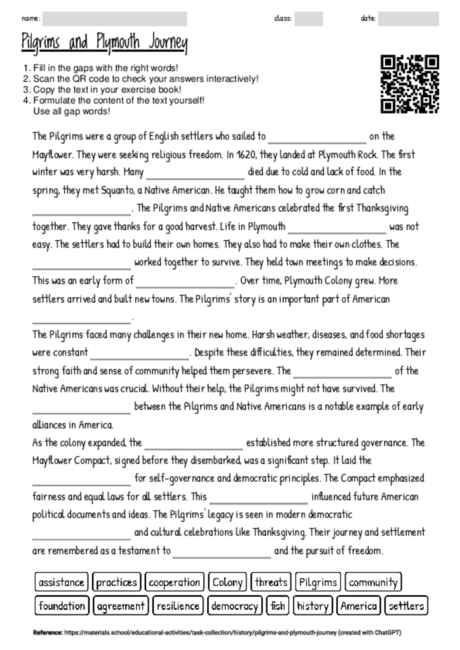 Worksheet with the topic "Pilgrims and Plymouth Journey" | MATERIALS.SCHOOL