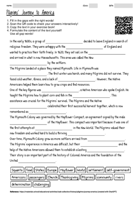 Worksheet with the topic "Pilgrims' Journey to America" | MATERIALS.SCHOOL