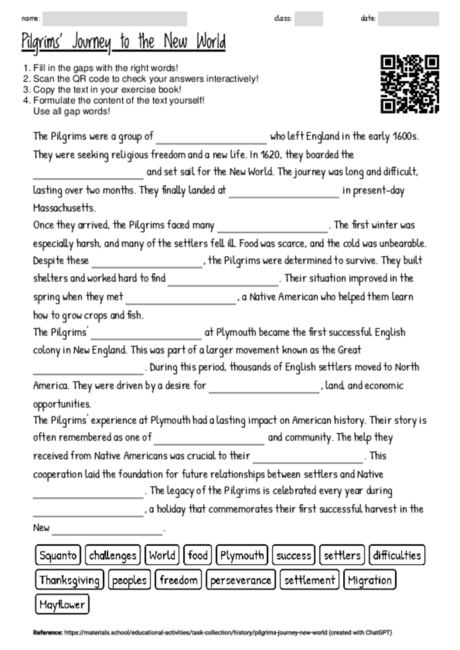 Worksheet with the topic "Pilgrims' Journey to the New World ...