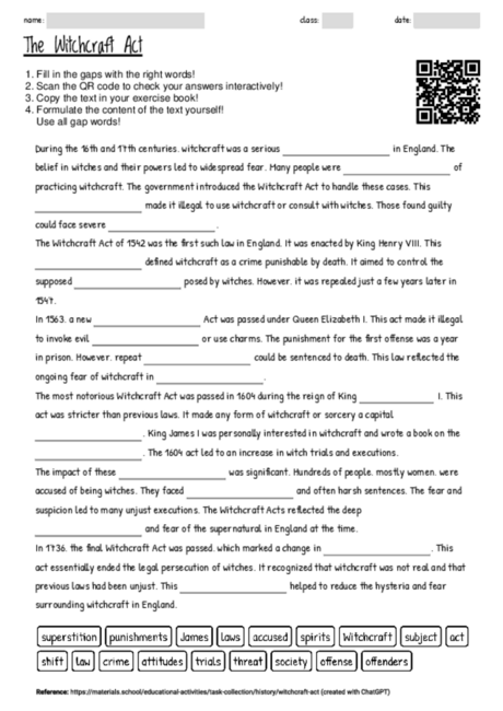 Worksheet with the topic "The Witchcraft Act" | MATERIALS.SCHOOL
