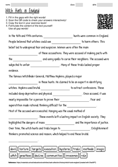 Worksheet with the topic "Witch Hunts in England" | MATERIALS.SCHOOL