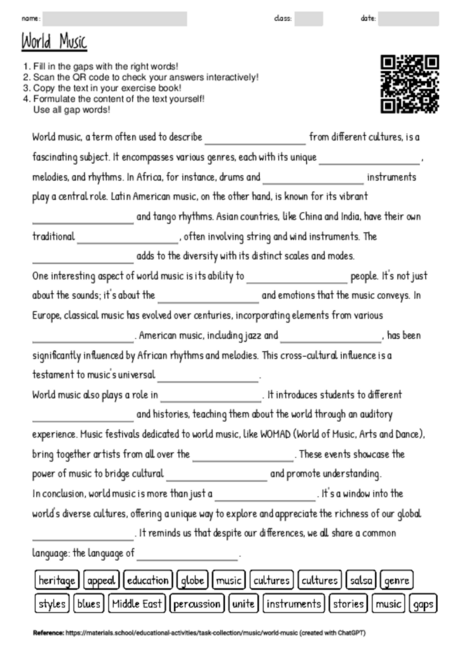 Worksheet with the topic "World Music" | MATERIALS.SCHOOL
