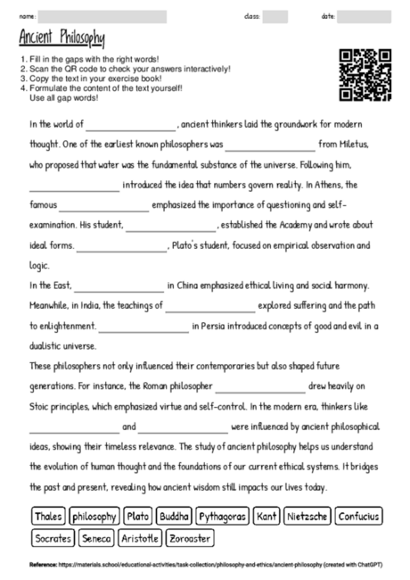 Worksheet with the topic "Ancient Philosophy" | MATERIALS.SCHOOL