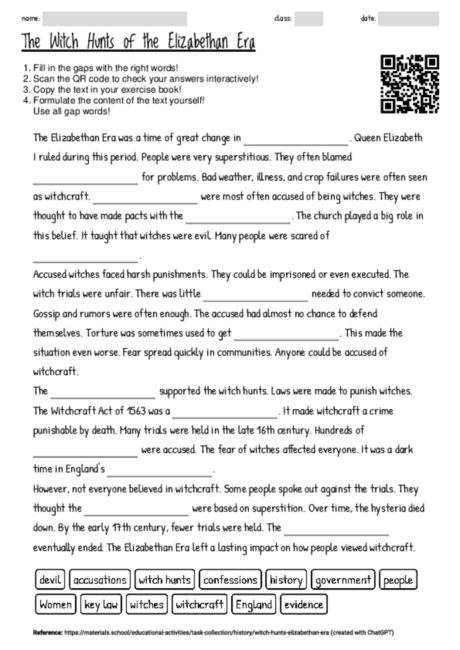 Worksheet with the topic "The Witch Hunts of the Elizabethan Era ...