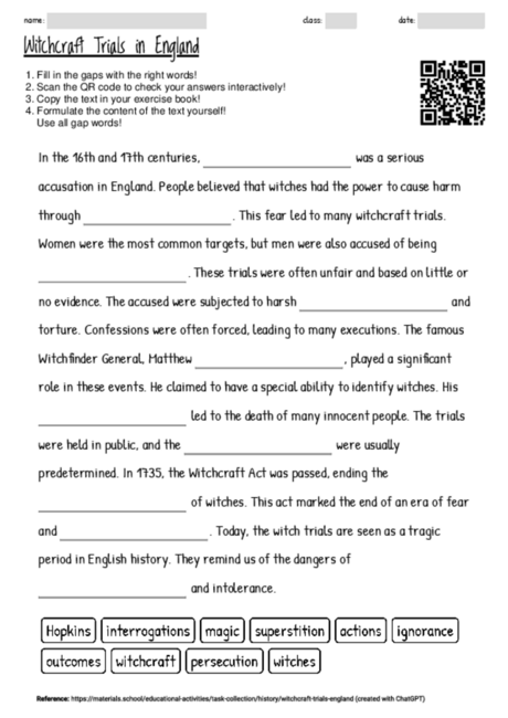 Worksheet with the topic "Witchcraft Trials in England" | MATERIALS.SCHOOL