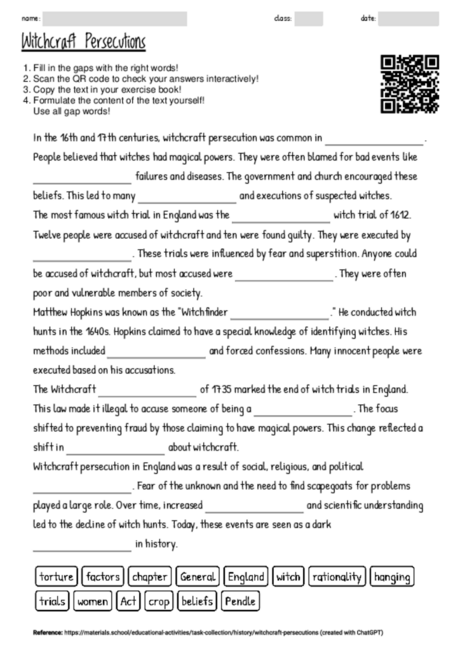 Worksheet with the topic "Witchcraft Persecutions" | MATERIALS.SCHOOL