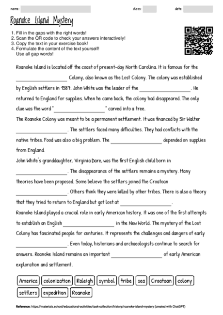 Worksheet with the topic "Roanoke Island Mystery" | MATERIALS.SCHOOL