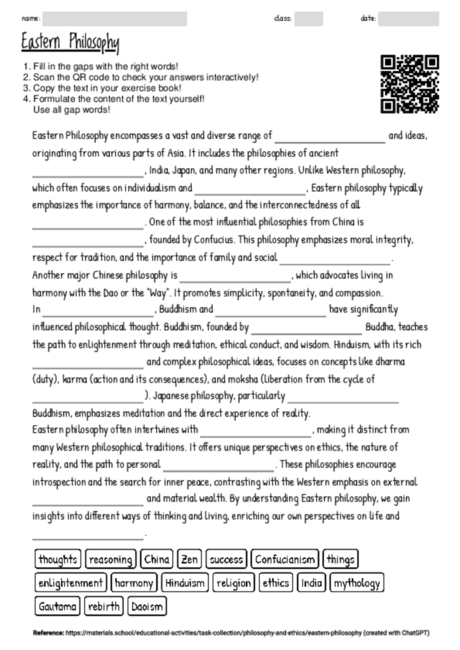 Worksheet with the topic "Eastern Philosophy" | MATERIALS.SCHOOL