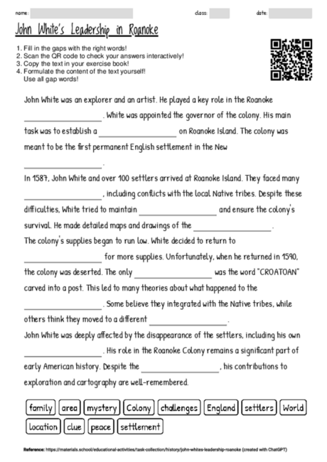 Worksheet with the topic "John White's Leadership in Roanoke ...