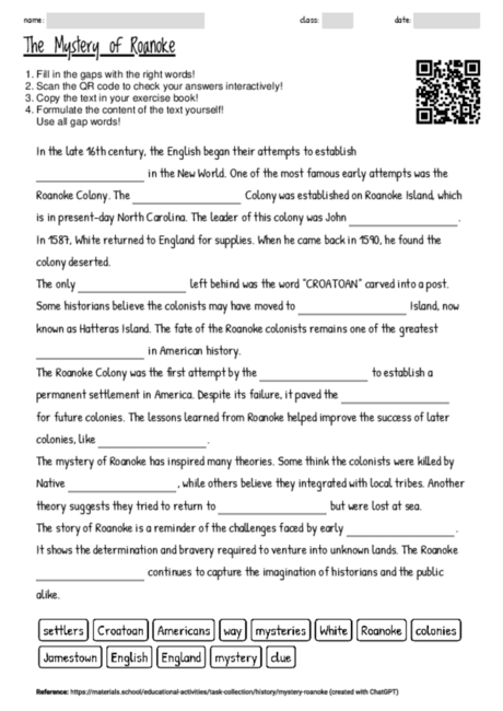 Worksheet with the topic "The Mystery of Roanoke" | MATERIALS.SCHOOL