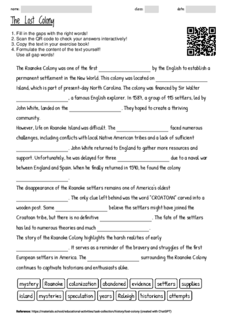 Worksheet with the topic "The Lost Colony" | MATERIALS.SCHOOL