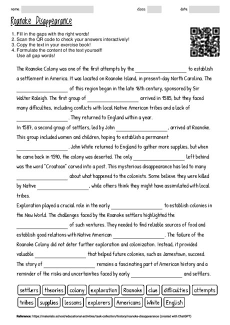 Worksheet with the topic "Roanoke Disappearance" | MATERIALS.SCHOOL