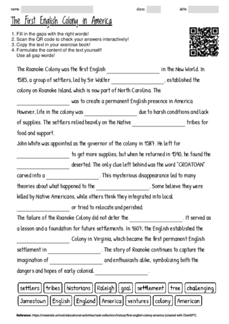 Worksheet with the topic "The First English Colony in America ...