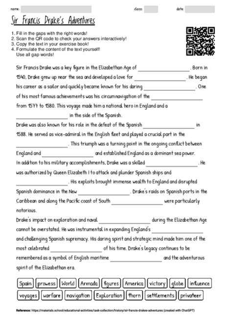 Worksheet with the topic "Sir Francis Drake's Adventures" | MATERIALS ...