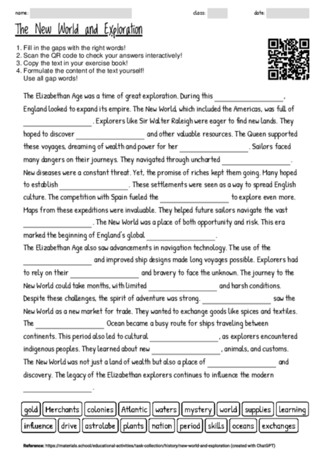 Worksheet with the topic "The New World and Exploration" | MATERIALS.SCHOOL