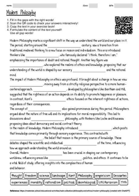 Worksheet with the topic "Modern Philosophy" | MATERIALS.SCHOOL