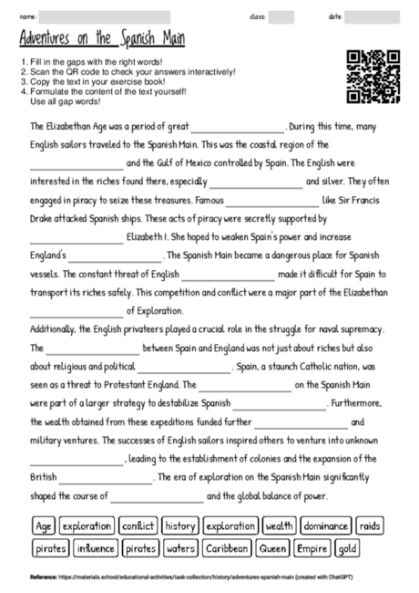 Worksheet with the topic "Adventures on the Spanish Main" | MATERIALS ...