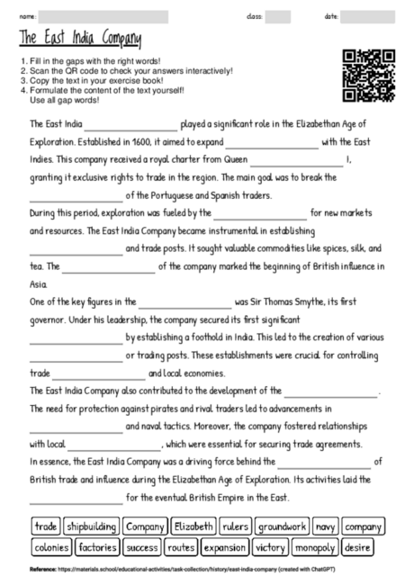 Worksheet with the topic "The East India Company" | MATERIALS.SCHOOL