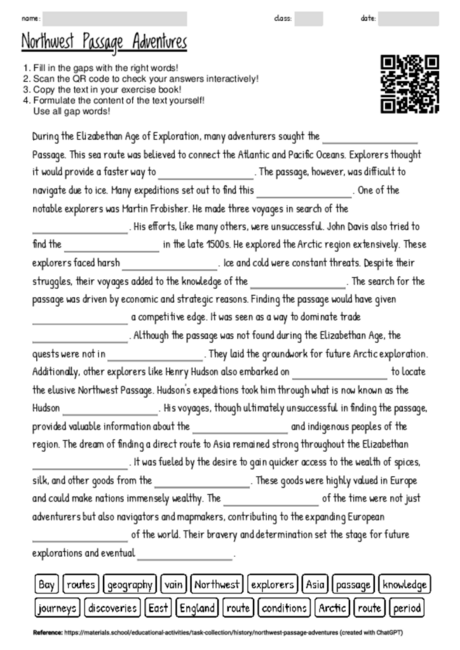 Worksheet with the topic "Northwest Passage Adventures" | MATERIALS.SCHOOL
