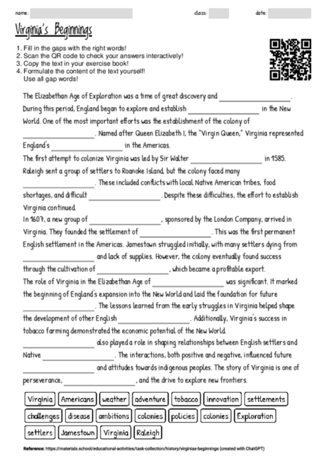 Worksheet with the topic "Virginia's Beginnings" | MATERIALS.SCHOOL