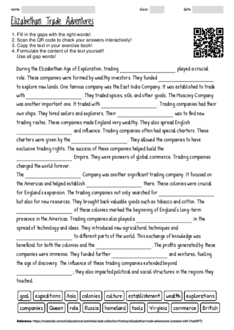 Worksheet with the topic "Elizabethan Trade Adventures" | MATERIALS.SCHOOL