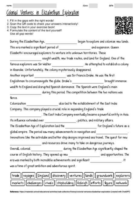 Worksheet with the topic "Colonial Ventures in Elizabethan Exploration ...