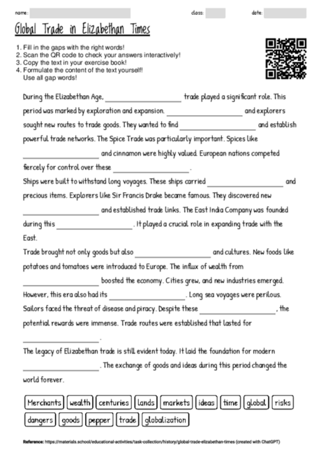 Worksheet with the topic "Global Trade in Elizabethan Times ...
