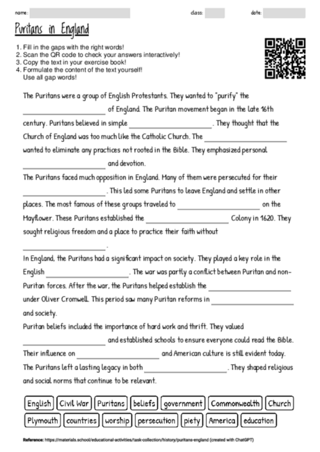 Worksheet with the topic "Puritans in England" | MATERIALS.SCHOOL