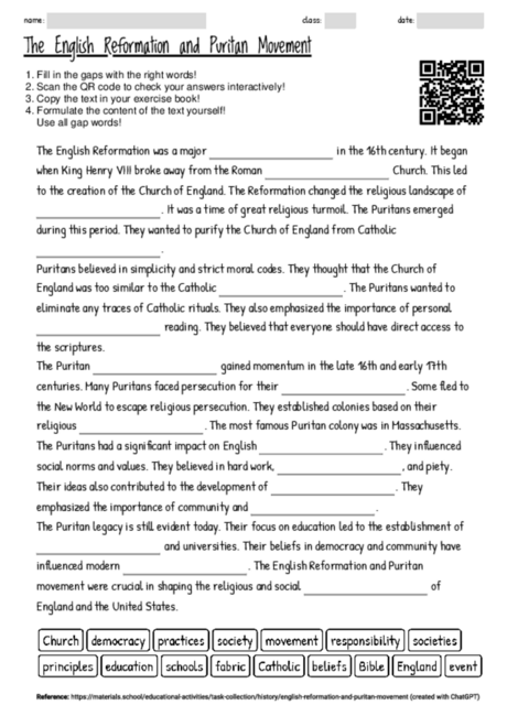 Worksheet with the topic "The English Reformation and Puritan Movement ...