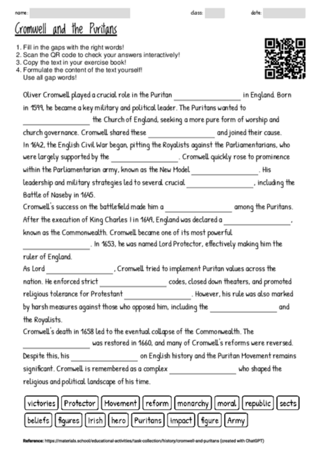 Worksheet with the topic "Cromwell and the Puritans" | MATERIALS.SCHOOL