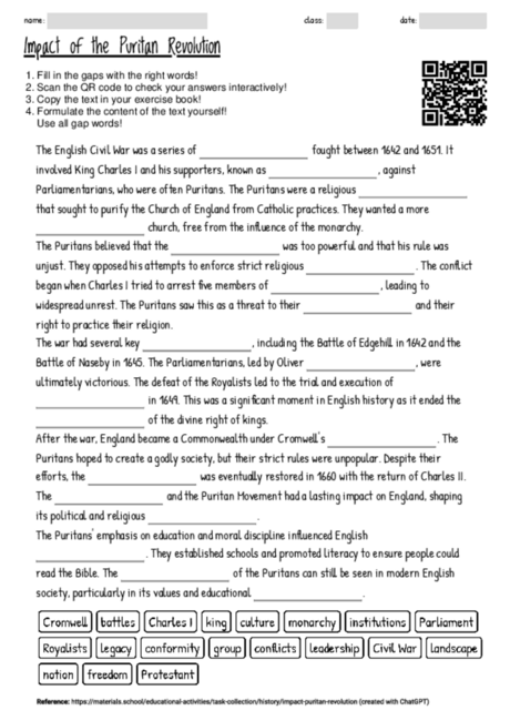 Worksheet with the topic "Impact of the Puritan Revolution" | MATERIALS ...