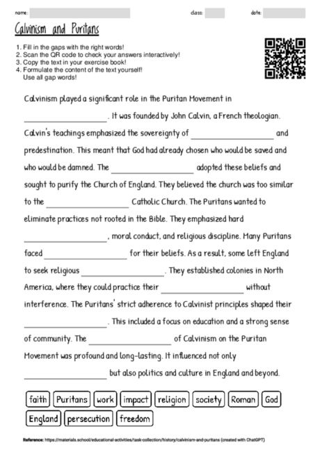 Worksheet with the topic "Calvinism and Puritans" | MATERIALS.SCHOOL