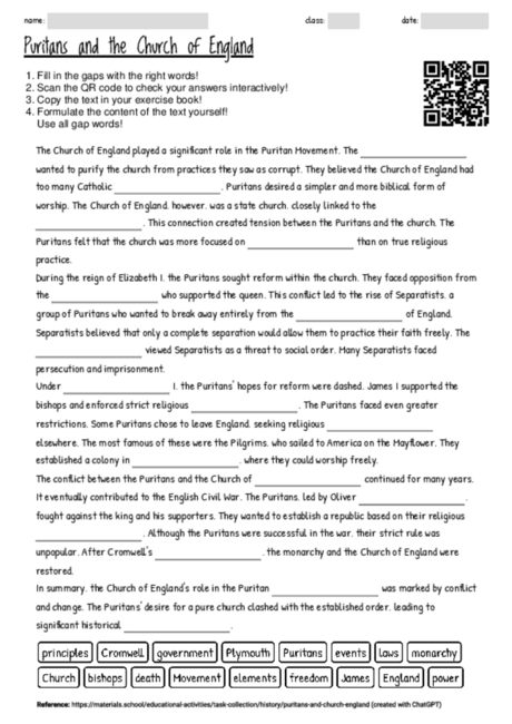 Worksheet with the topic "Puritans and the Church of England ...