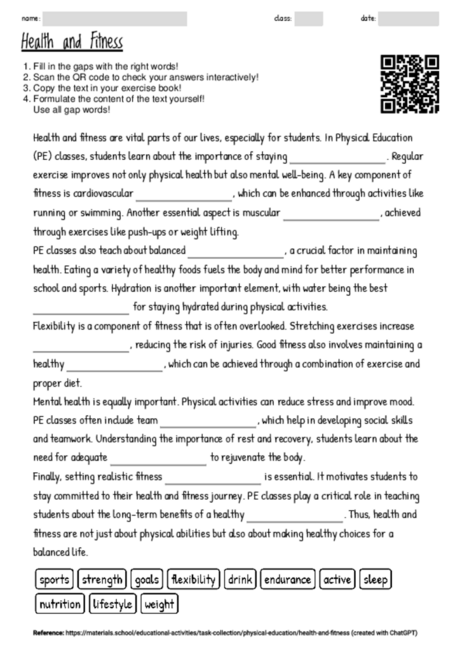 Worksheet with the topic "Health and Fitness" | MATERIALS.SCHOOL