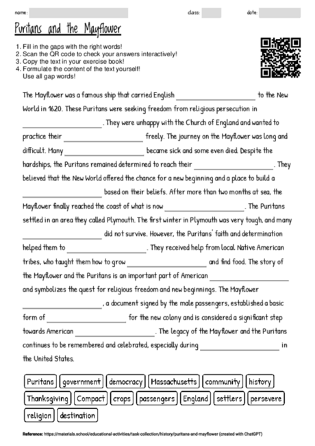 Worksheet with the topic "Puritans and the Mayflower" | MATERIALS.SCHOOL