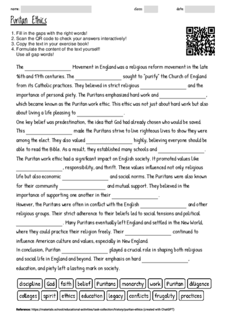 Worksheet with the topic "Puritan Ethics" | MATERIALS.SCHOOL