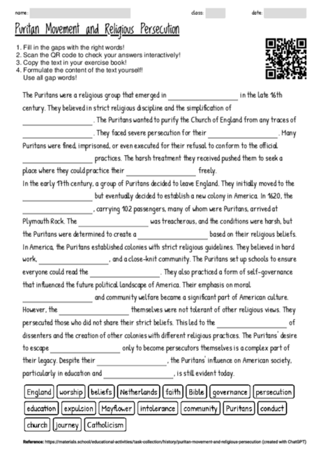 Worksheet with the topic "Puritan Movement and Religious Persecution ...