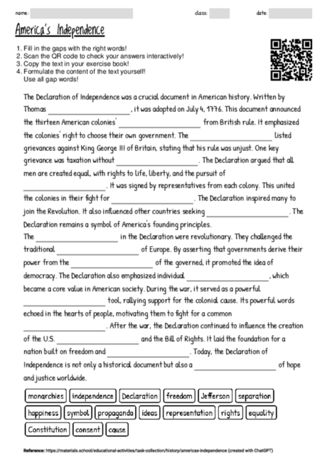 Worksheet with the topic "America's Independence" | MATERIALS.SCHOOL