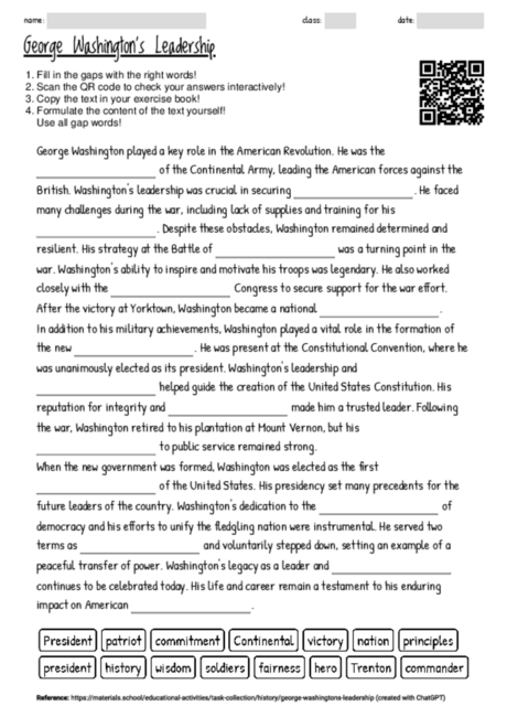 Worksheet with the topic "George Washington's Leadership" | MATERIALS ...
