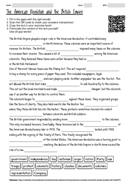 Worksheet with the topic "The American Revolution and the British ...