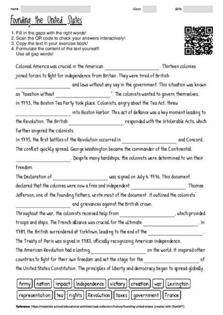Worksheet with the topic "Founding the United States" | MATERIALS.SCHOOL