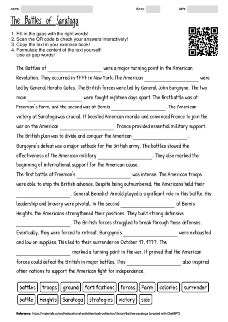 Worksheet with the topic "The Battles of Saratoga" | MATERIALS.SCHOOL