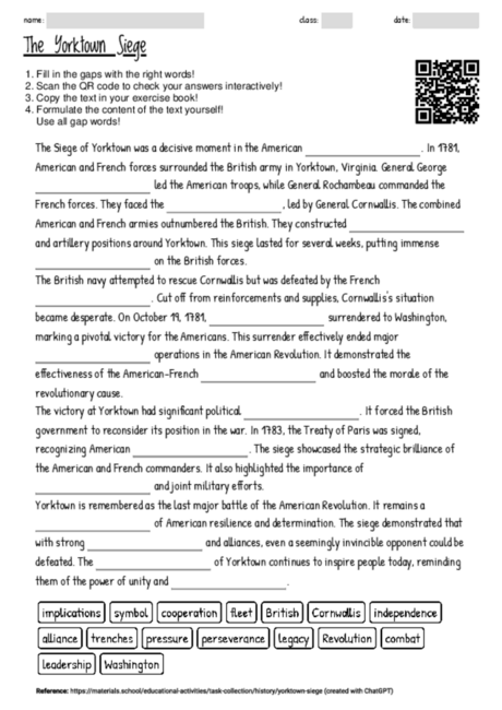 Worksheet with the topic "The Yorktown Siege" | MATERIALS.SCHOOL