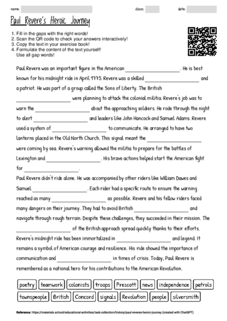 Worksheet with the topic "Paul Revere's Heroic Journey" | MATERIALS.SCHOOL